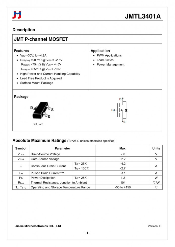 JMTL3401A datasheet page 1