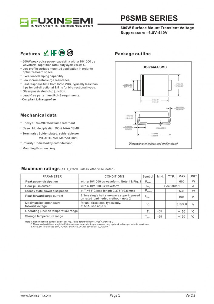 P6SMB series datasheet page 1