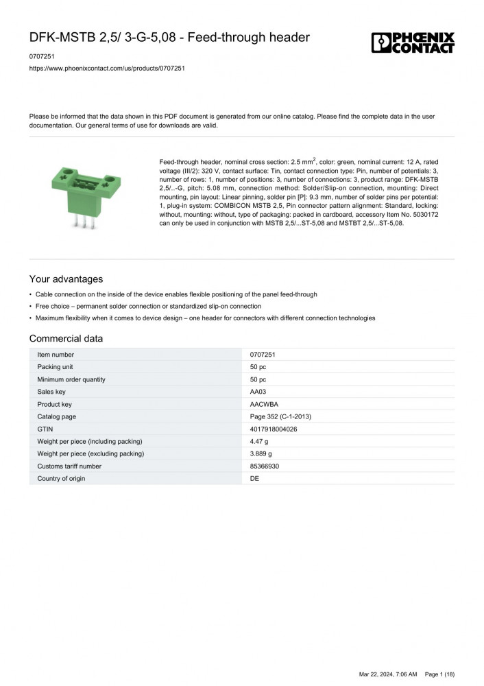 Phoenix Contact 0707251 technical document page 1