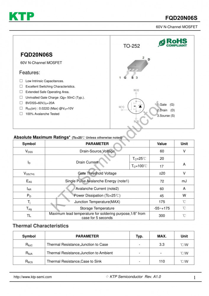 FQD20N06S datasheet page 1