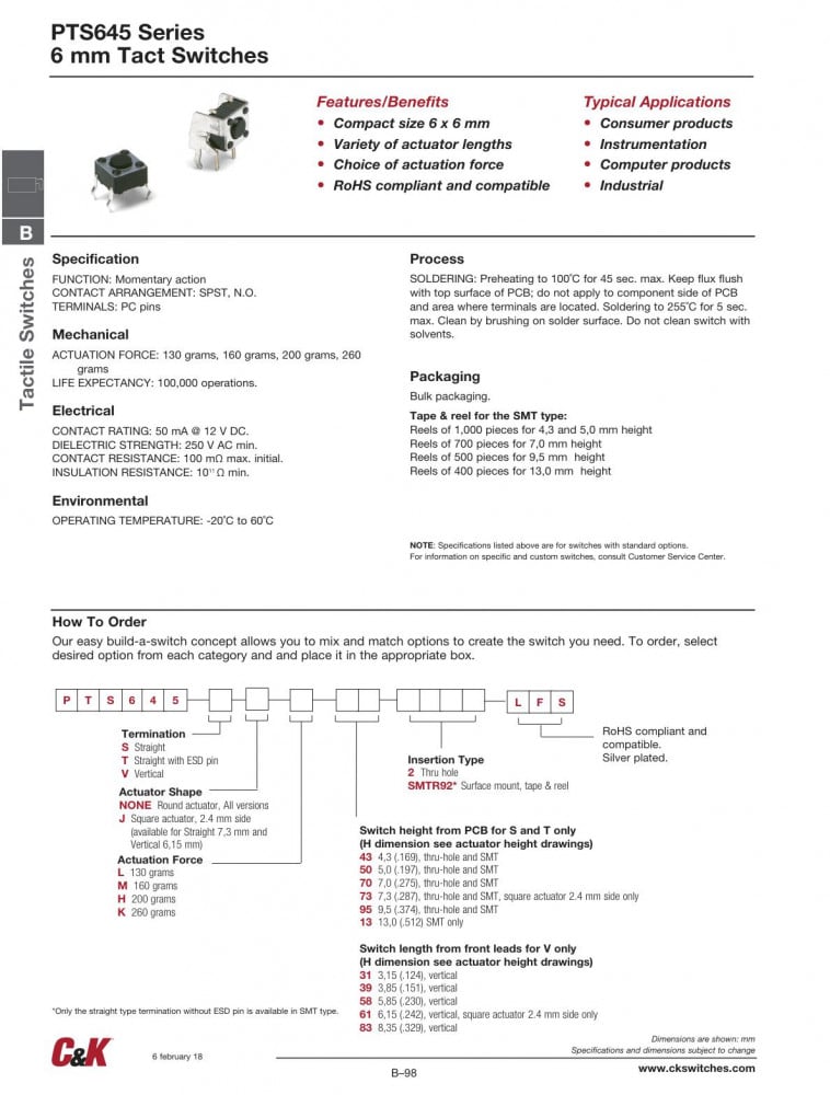 C&K PTS645 series document page 1