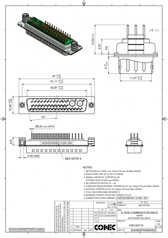 Conec 3043W2PAR99A50X product drawing, sheet 1