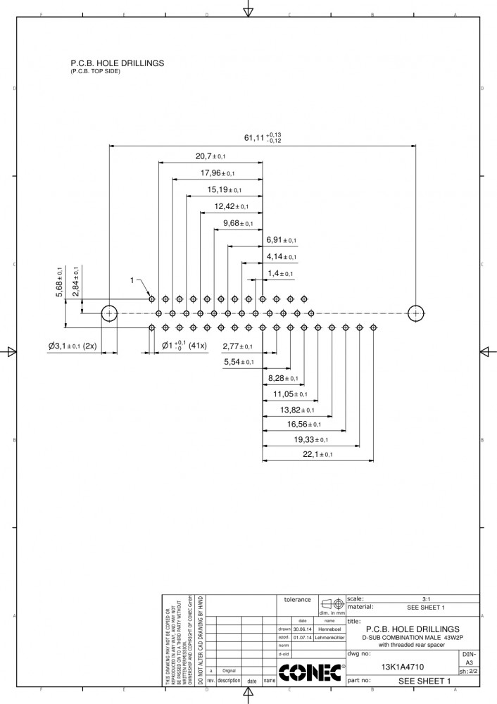 Conec 3043W2PAR99A50X PCB hole drilling drawing, sheet 2