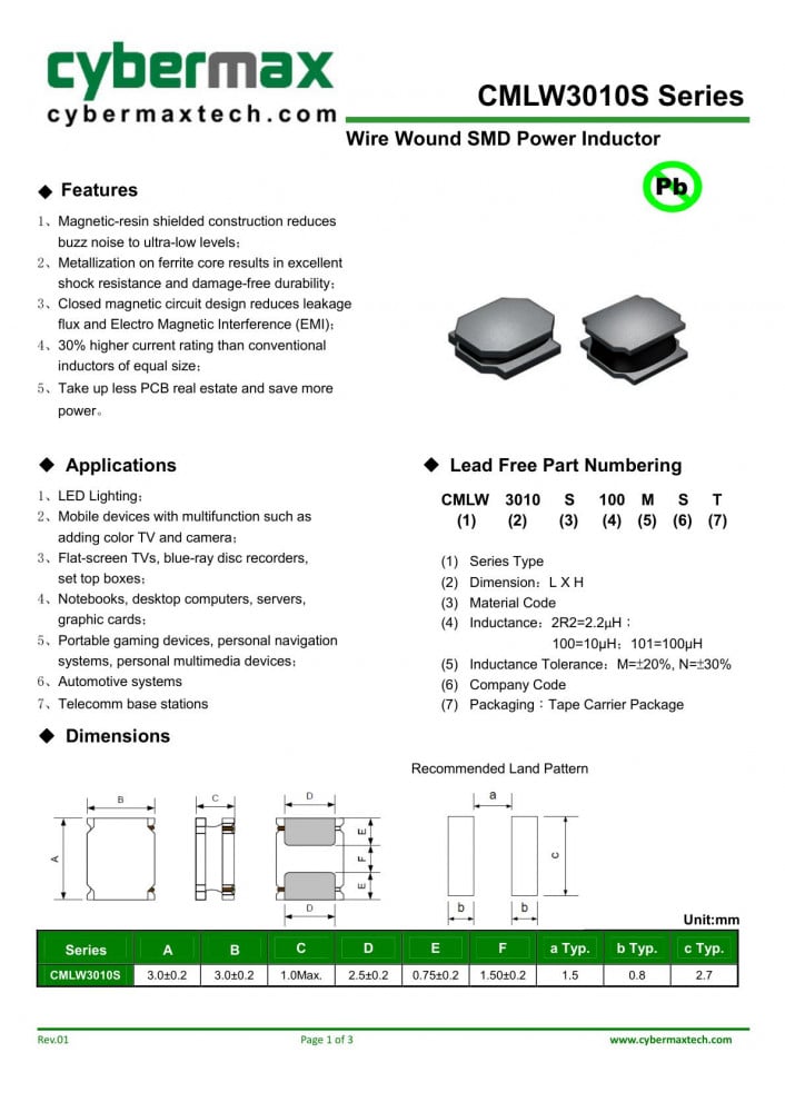 Cybermax CMLW3010S datasheet page 1