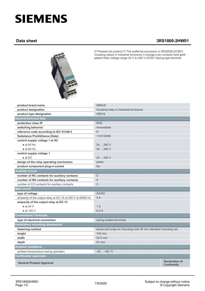 SIEMENS 3RS1800-2HW01 technical document page 1
