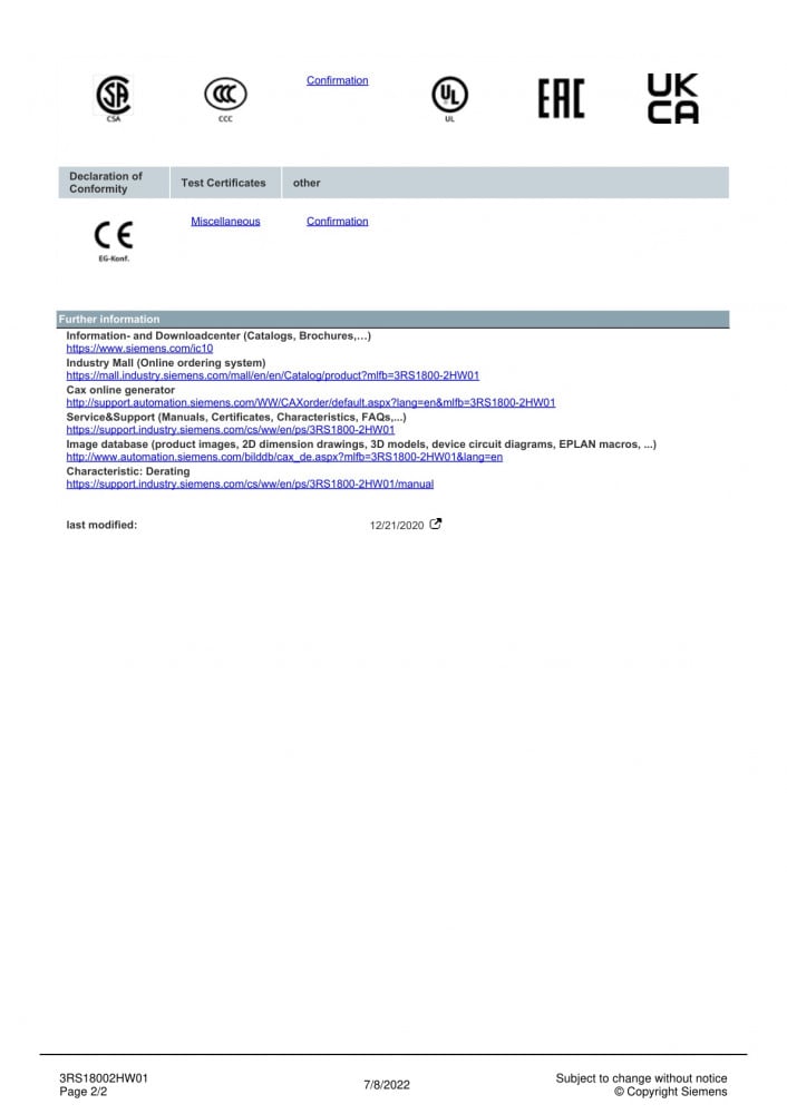 SIEMENS 3RS1800-2HW01 technical document page 2