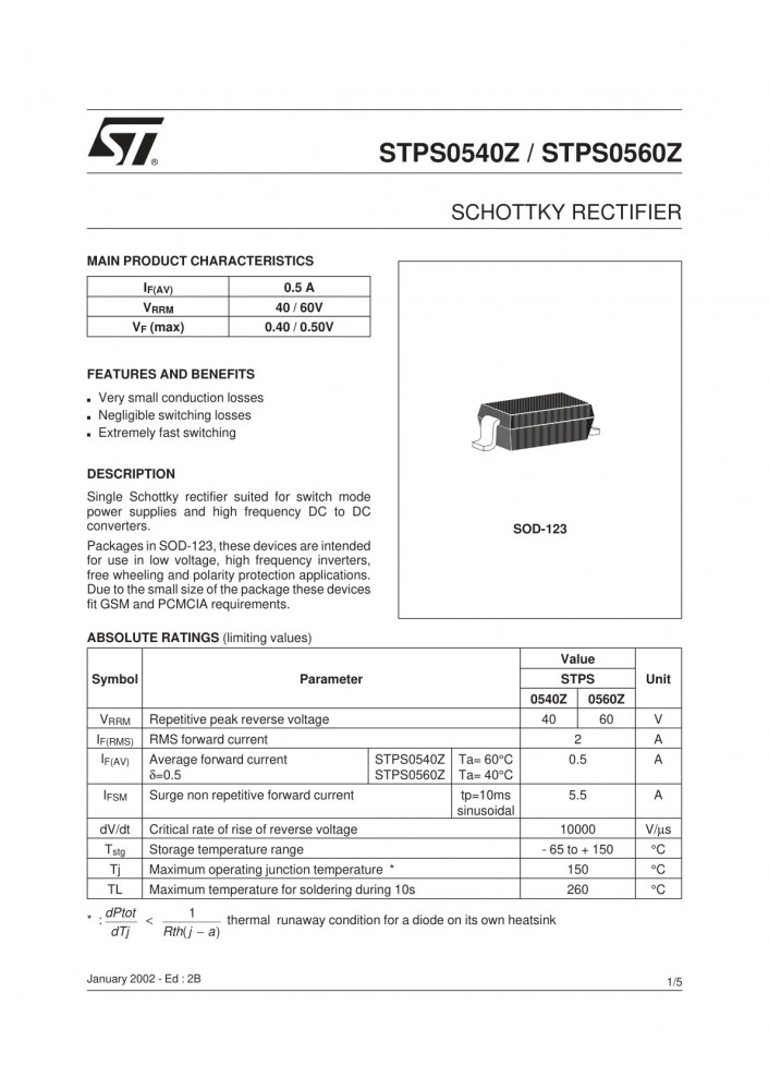 STPS0540Z technical document, page 1