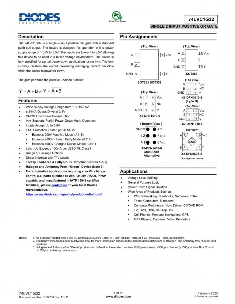 74LVC1G32SE-7 datasheet page 1