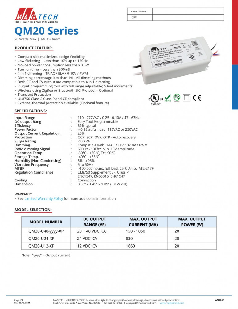 QM20 product documentation, page 1