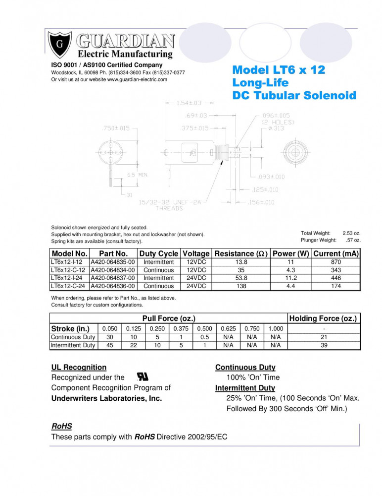 LT6x12 long-life DC tubular solenoid product document page