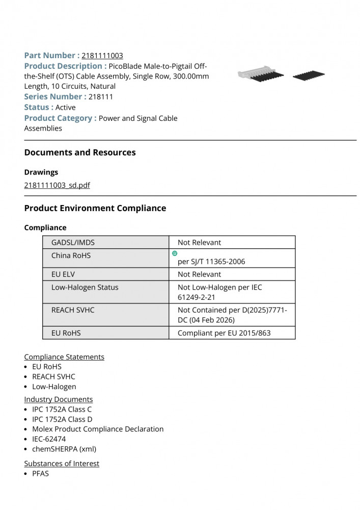 MOLEX 2181111003 product drawing, page 1