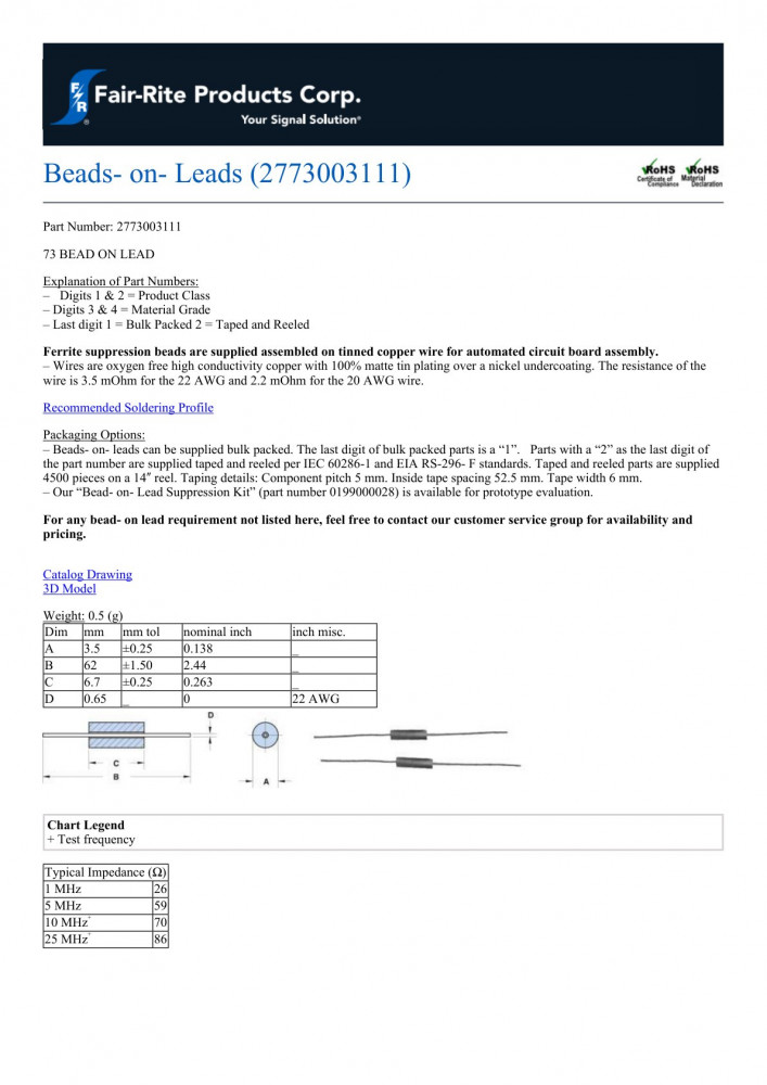 Fair-Rite 2773003111 catalog drawing and dimensional information