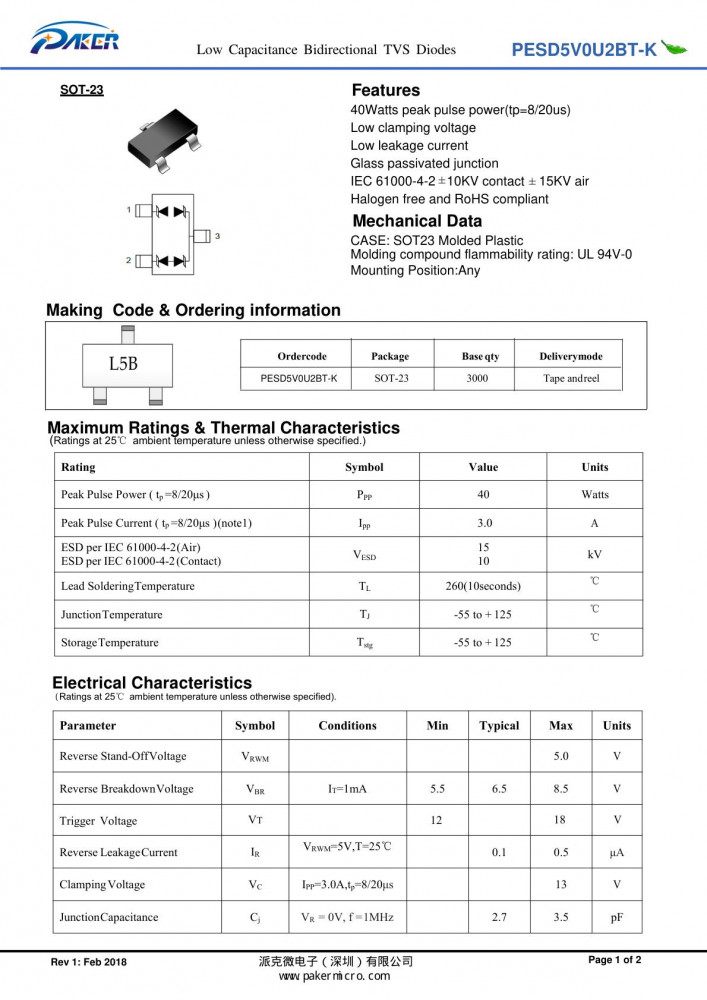 PESD5V0U2BT-K datasheet page 1