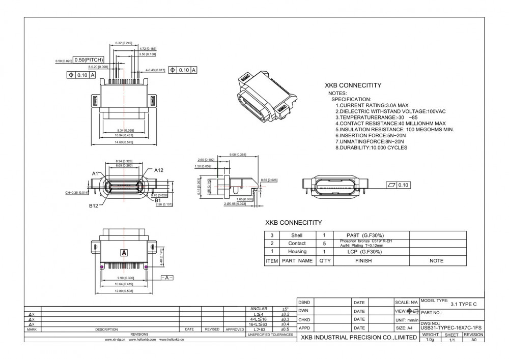 USB31-TYPEC-16X7C-1FS mechanical drawing and specifications