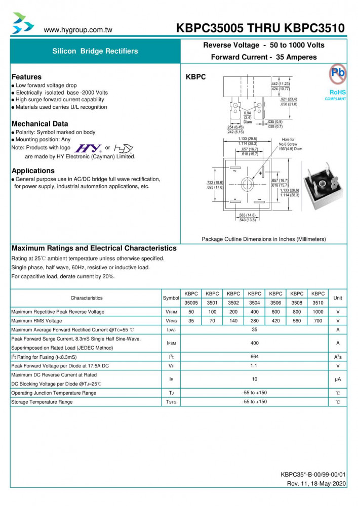 KBPC35 bridge rectifier datasheet page 1