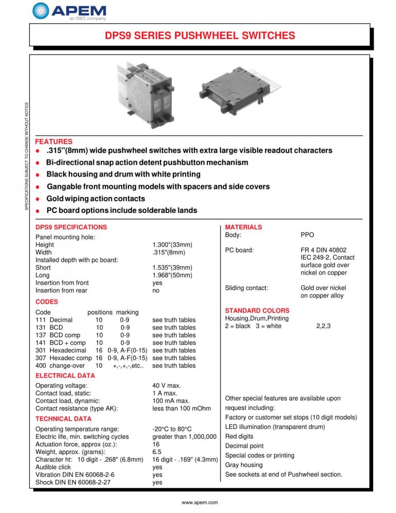 APEM DPS9 series documentation page 1