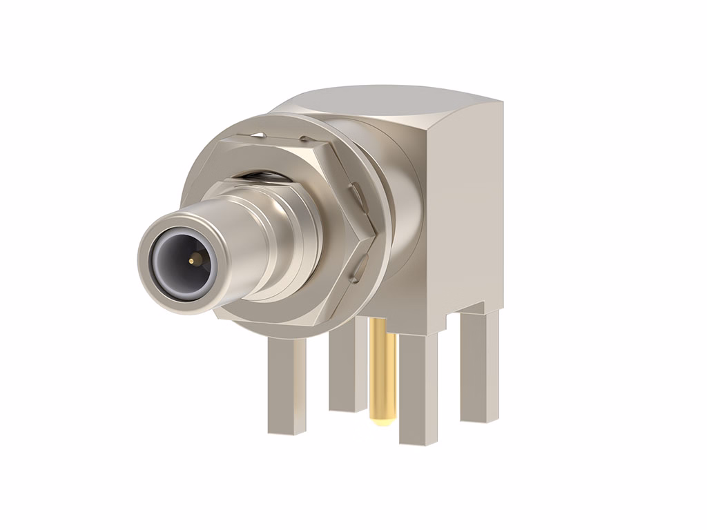 FAKRA Jack, Right-Angle, PCB Receptacle, Through Hole, Die Cast Body, Tin (Sn) Plated, Keying Code C, Tape and Reel, 50 Ohms