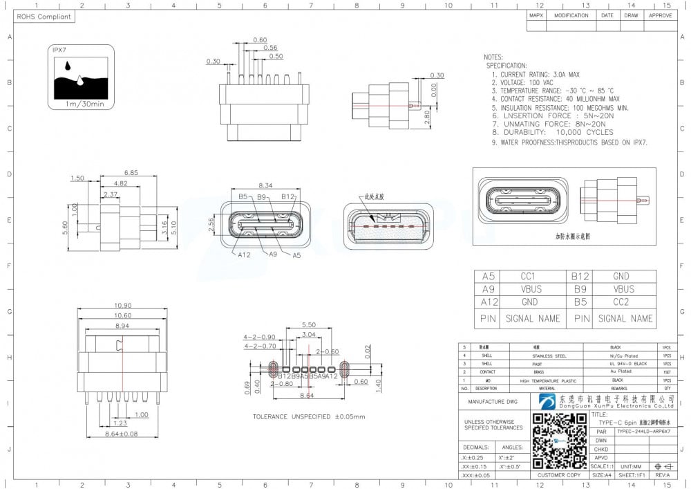 TYPEC-244LD-ARP6X7 technical drawing