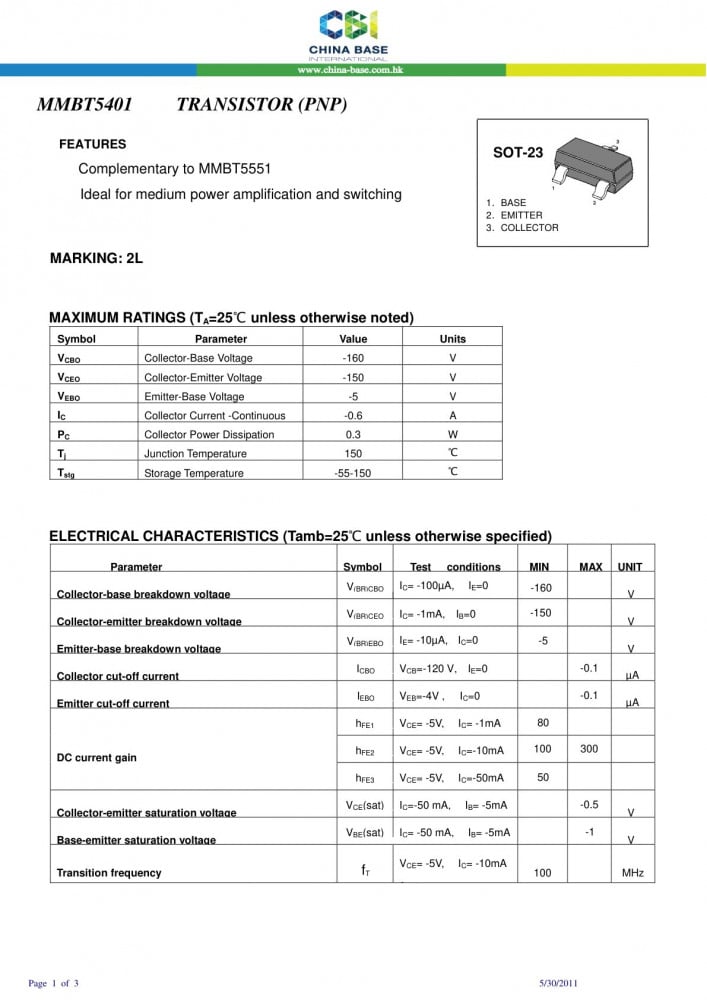 MMBT5401 datasheet page 1