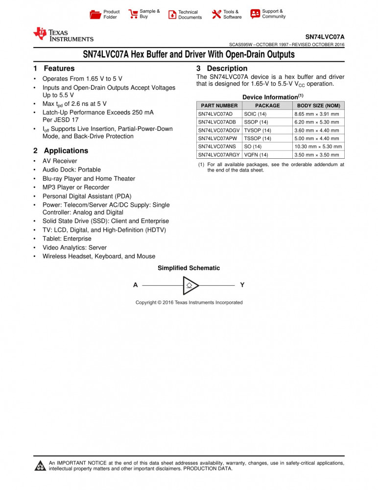 SN74LVC07A document preview page 1