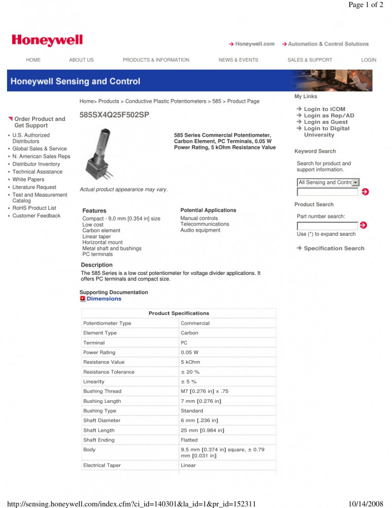 Honeywell 585SX4Q25F502SP product documentation page 1