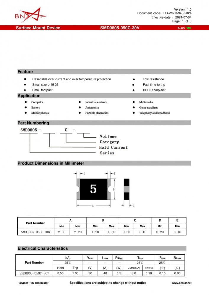 BNstar SMD0805-050C-30V datasheet page 1