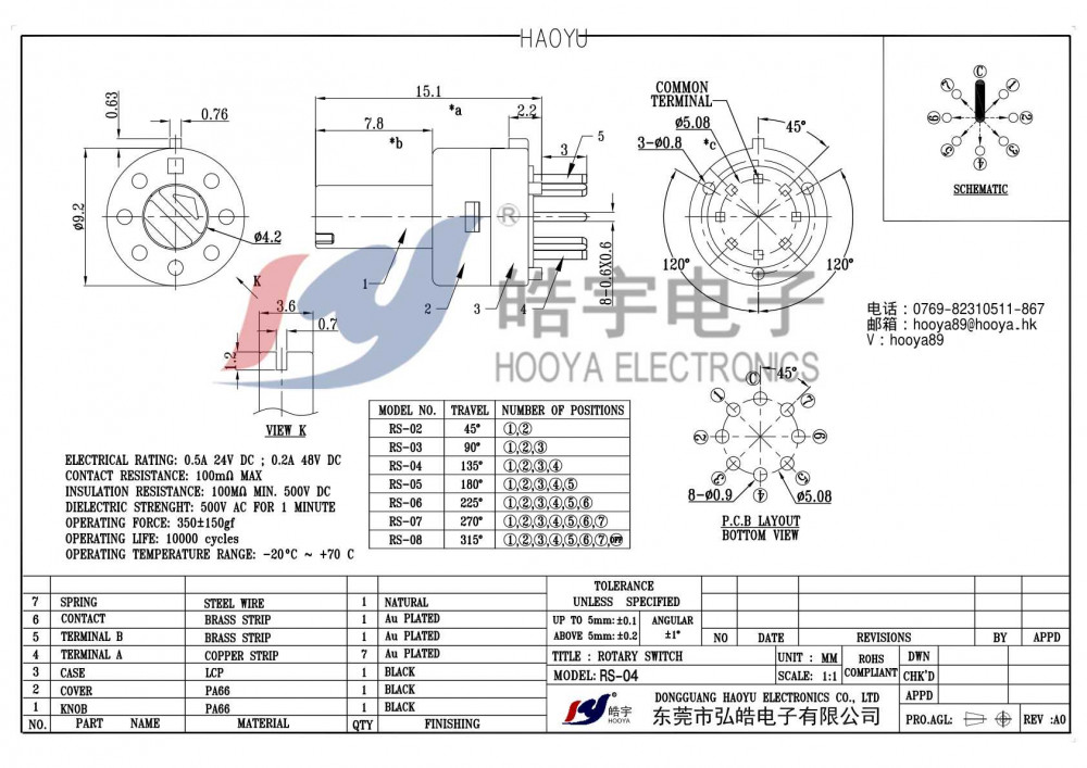 HOOYA RS-04 rotary switch technical drawing
