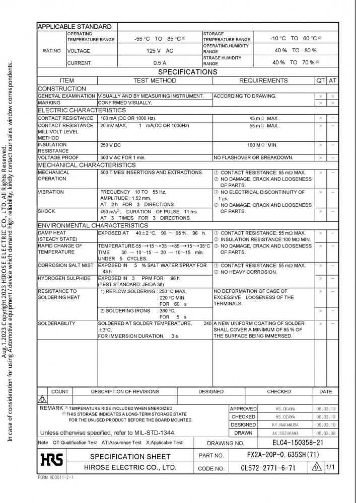 HRS FX2A-20P-0.635SH(71) specification sheet