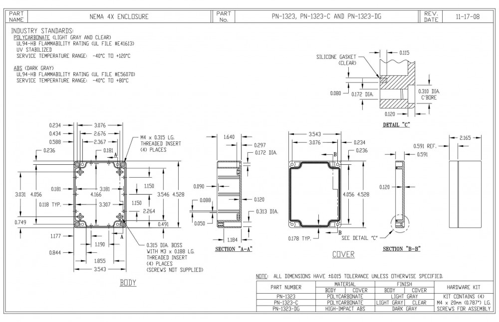 Bud Industries PN-1323 NEMA 4X enclosure technical drawing