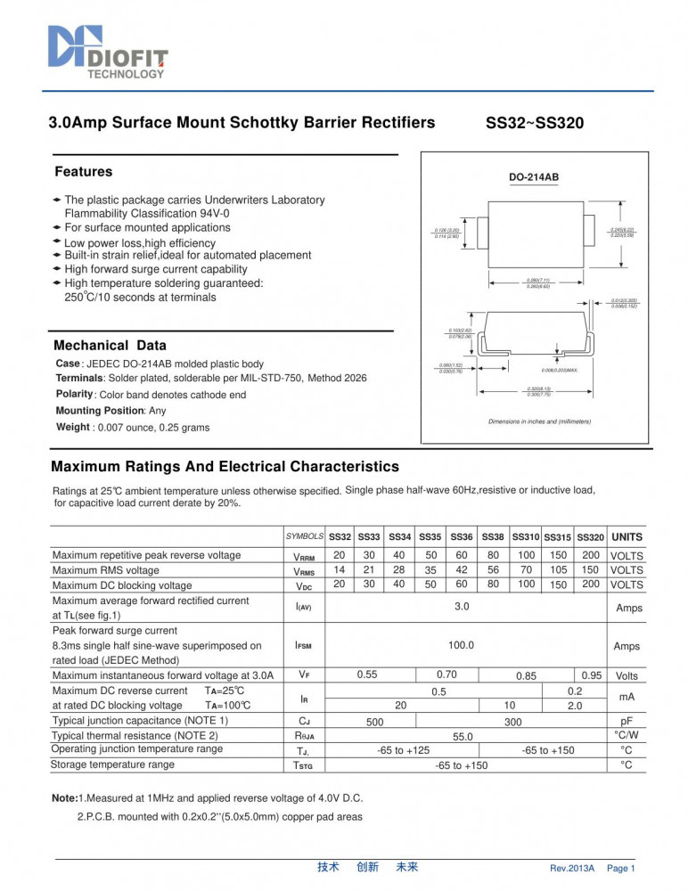 SS310 datasheet page 1
