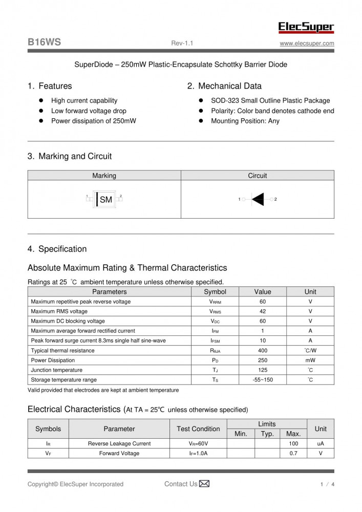 ElecSuper B16WS datasheet page 1