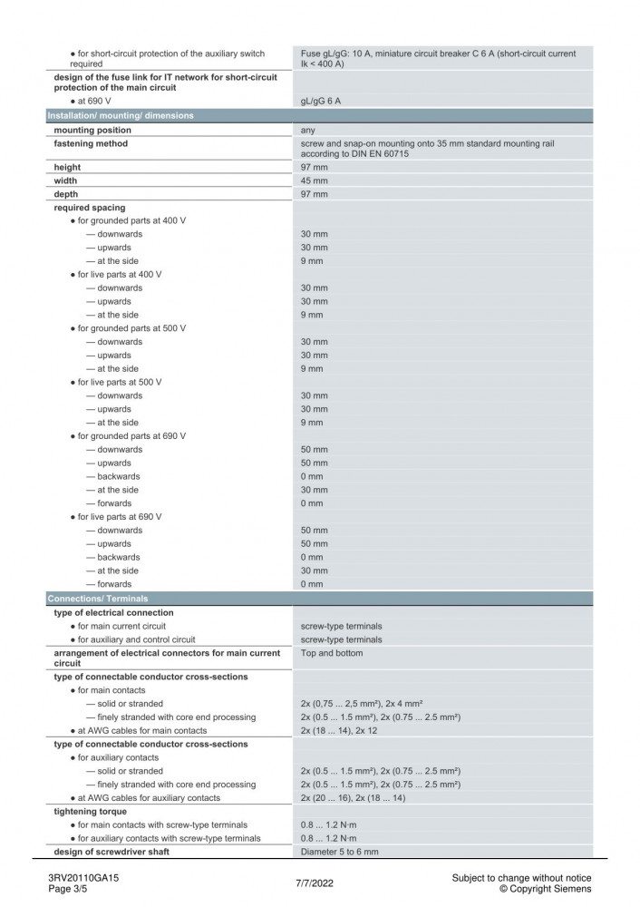3RV20110GA15 datasheet page 3