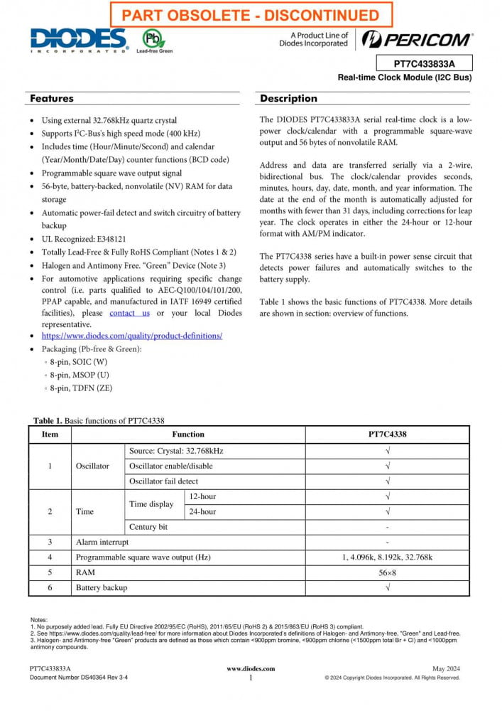 PT7C4338 datasheet page 1