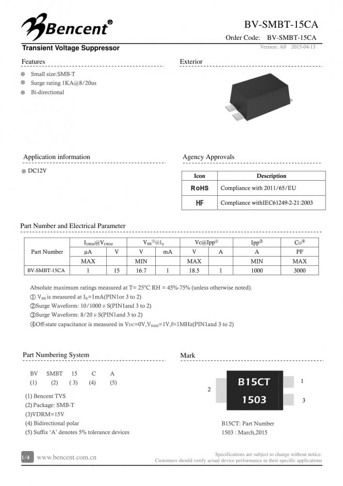 BV-SMBT-15CA datasheet page 1