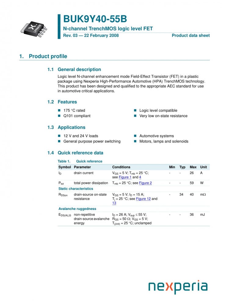 BUK9Y40-55B datasheet page 1