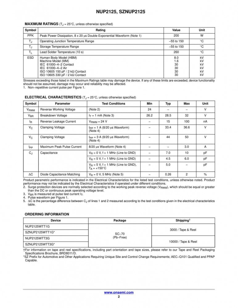 NUP2125WTT1G datasheet page 2
