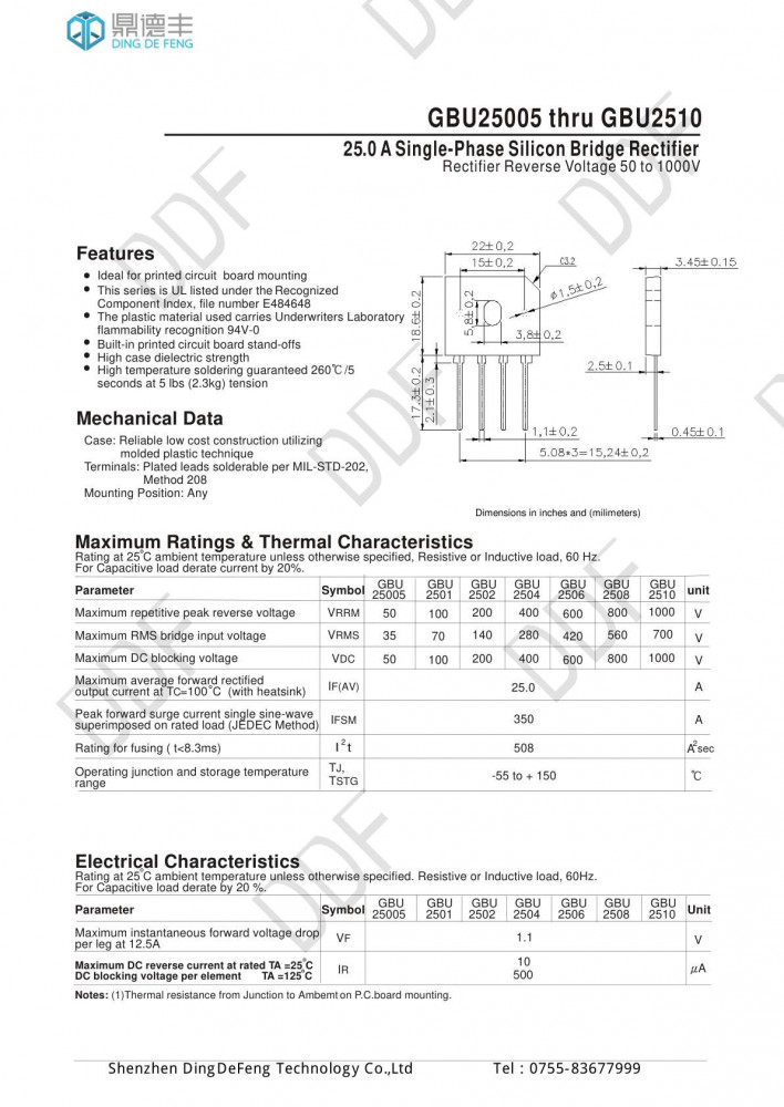 GBU2506 series datasheet page 1: ratings and mechanical information