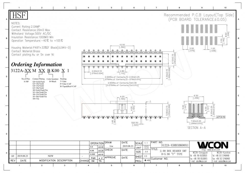 Wcon 3122A series 2.00 mm SMT box header drawing preview