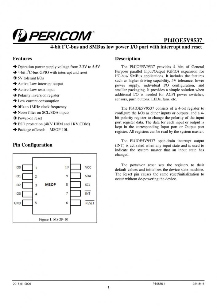 PI4IOE5V9537UEX datasheet page 1