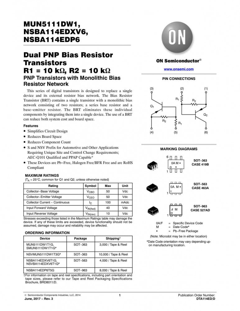 NSBA114EDXV6T1G datasheet page 1