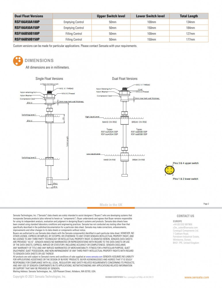 Sensata RSF166P Series technical document page 2