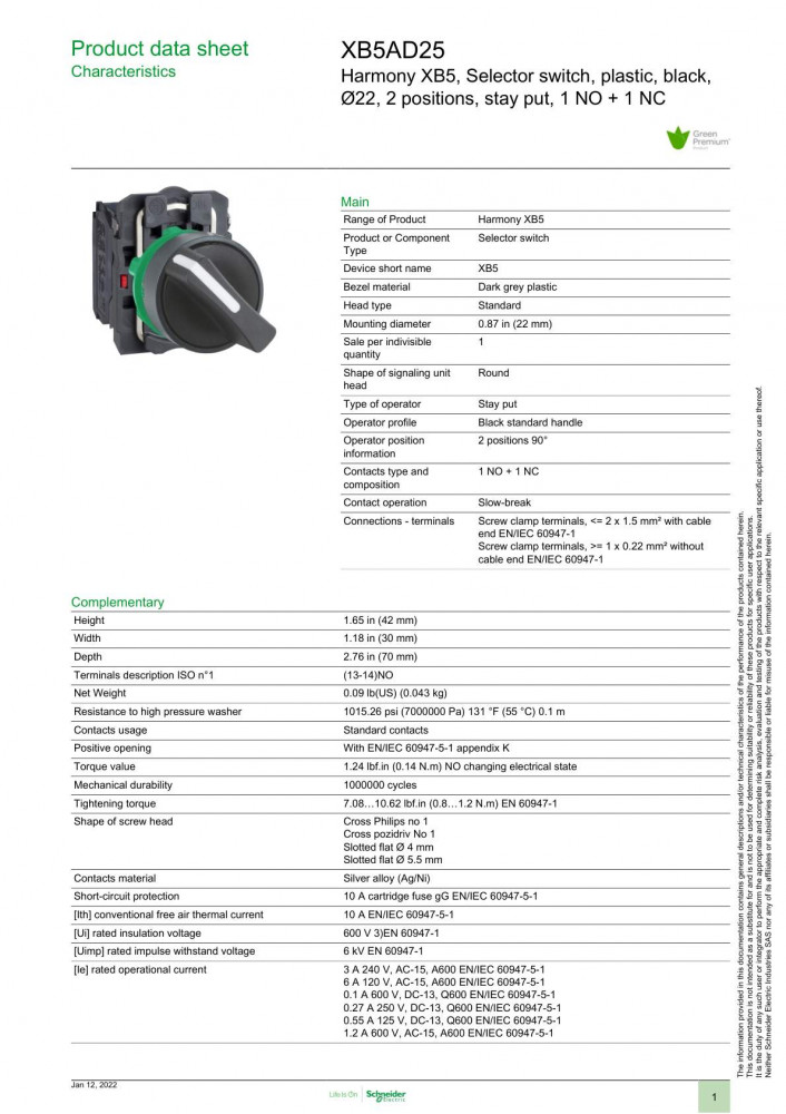 XB5AD25 technical document page 1