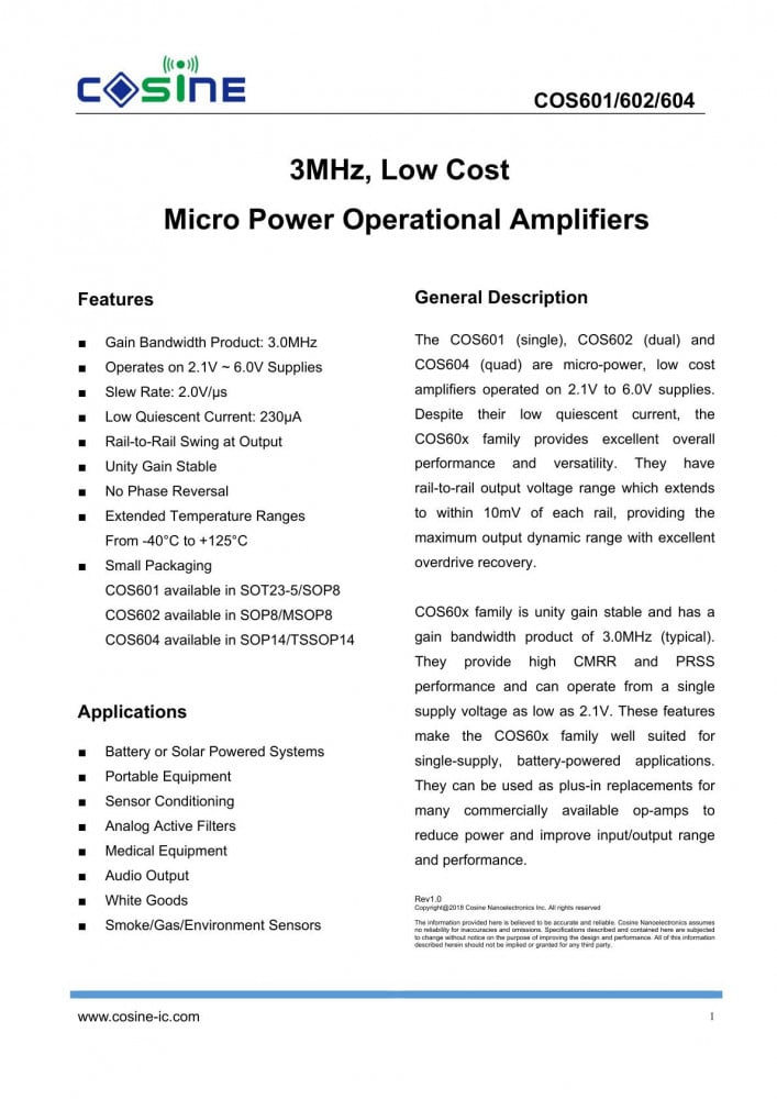 COS602SR datasheet page 1