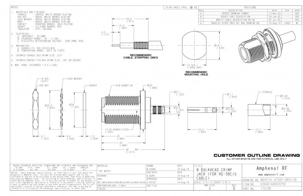 Amphenol 172106 customer outline drawing
