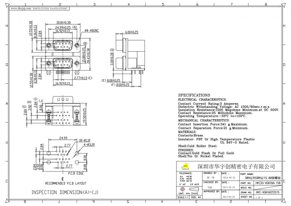 HOAUC HYC33-VGA18A-158 technical drawing and specifications
