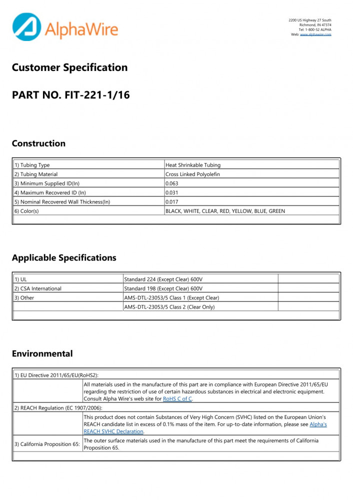 Alpha Wire FIT-221-1/16 technical document page 1
