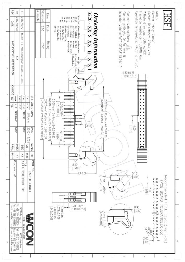 Wcon 3220 series 2.00 mm ejector header drawing