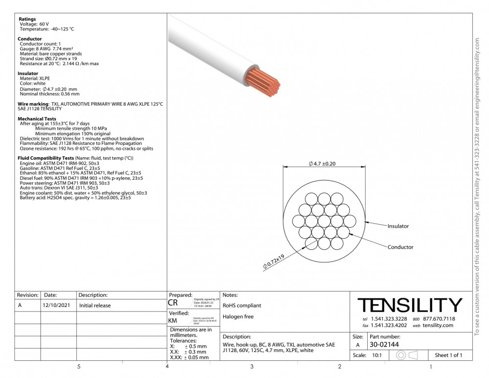 Technical drawing preview for Tensility International 30-02144 8 AWG TXL automotive wire