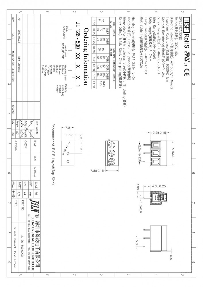 JILN JL126-50002G01 technical drawing and recommended PCB layout