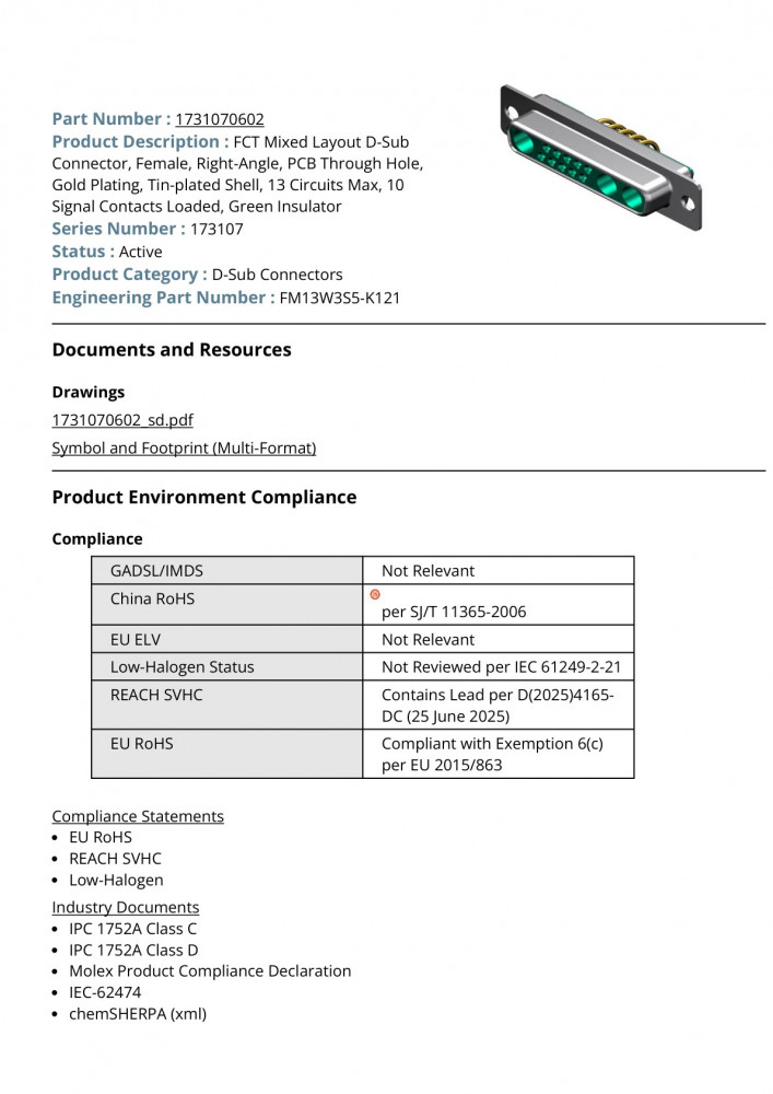 MOLEX 1731070602 technical document, page 1